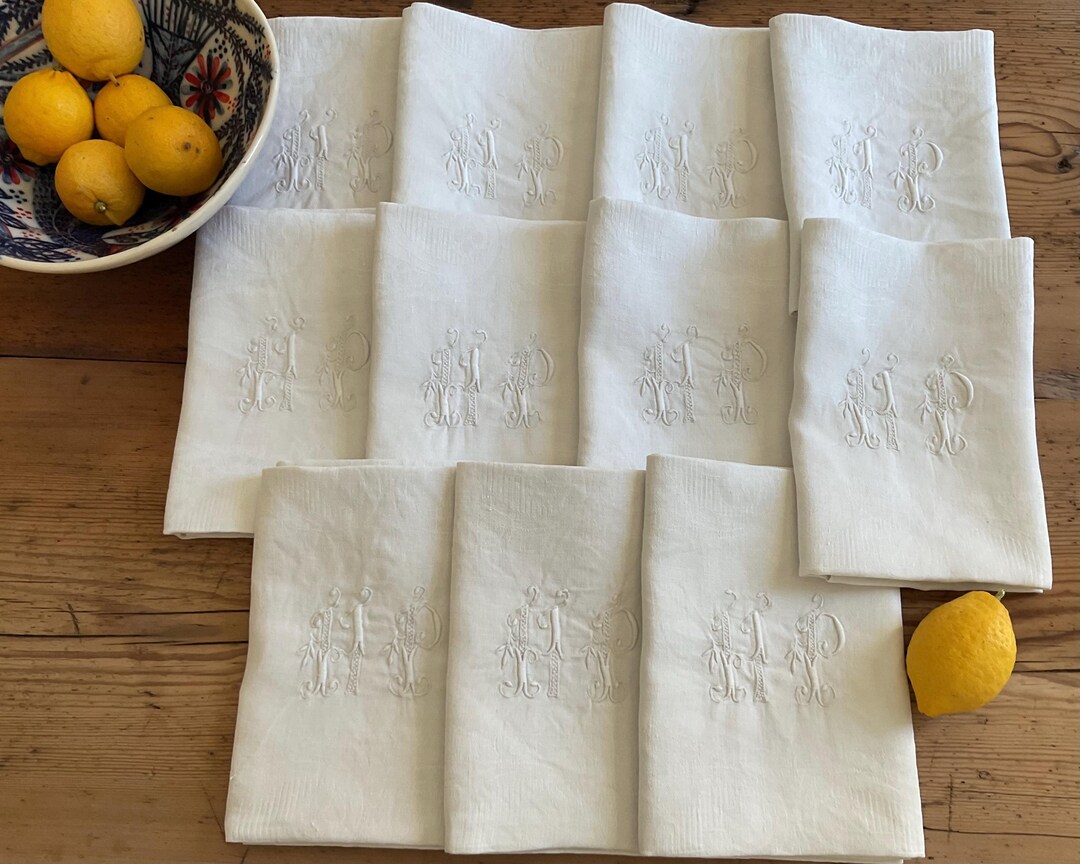 11 Linen Damask Dinner Napkins, Monogrammed HP, Vintage French Linen ...