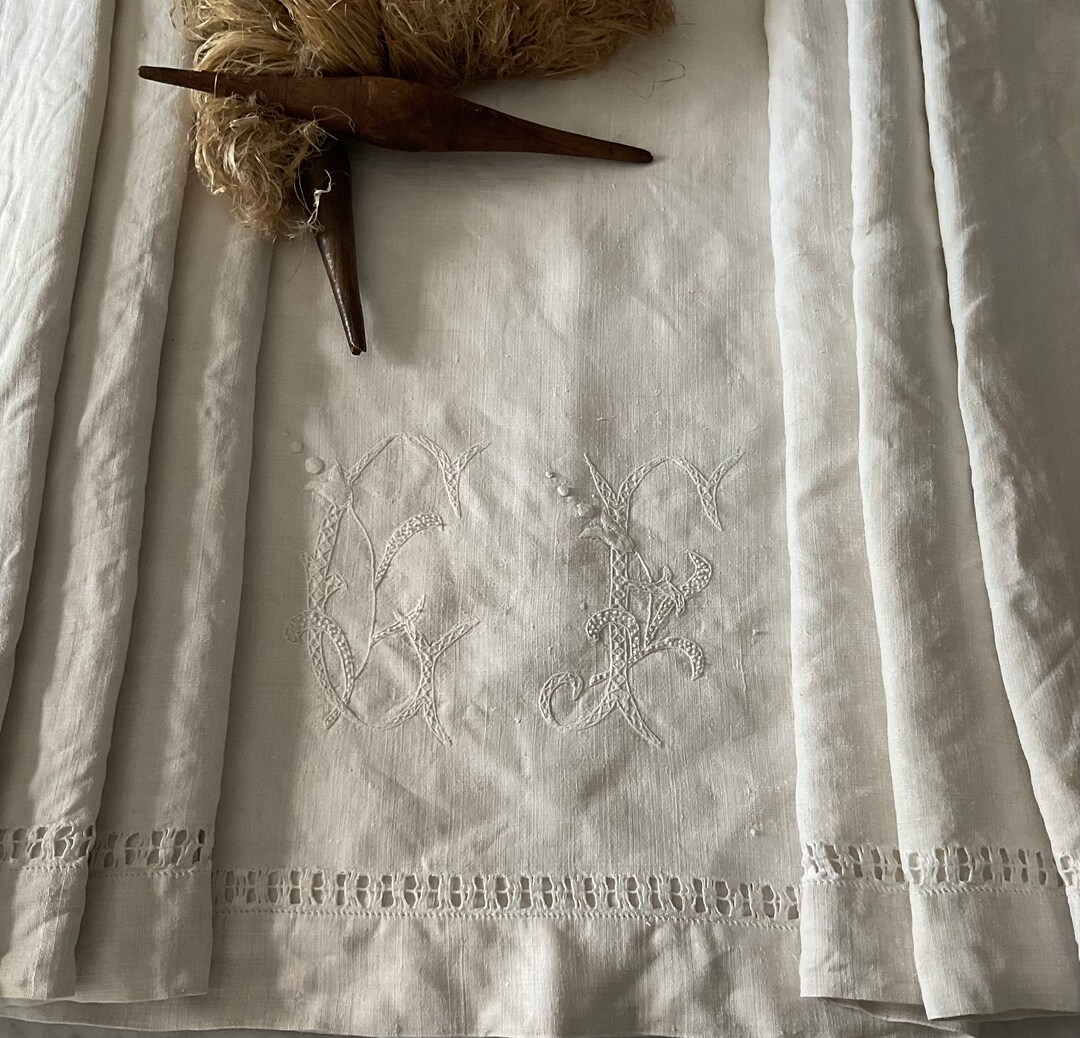 Antique CF Monogrammed Home Woven Linen Sheet, Rustic French Linens ...
