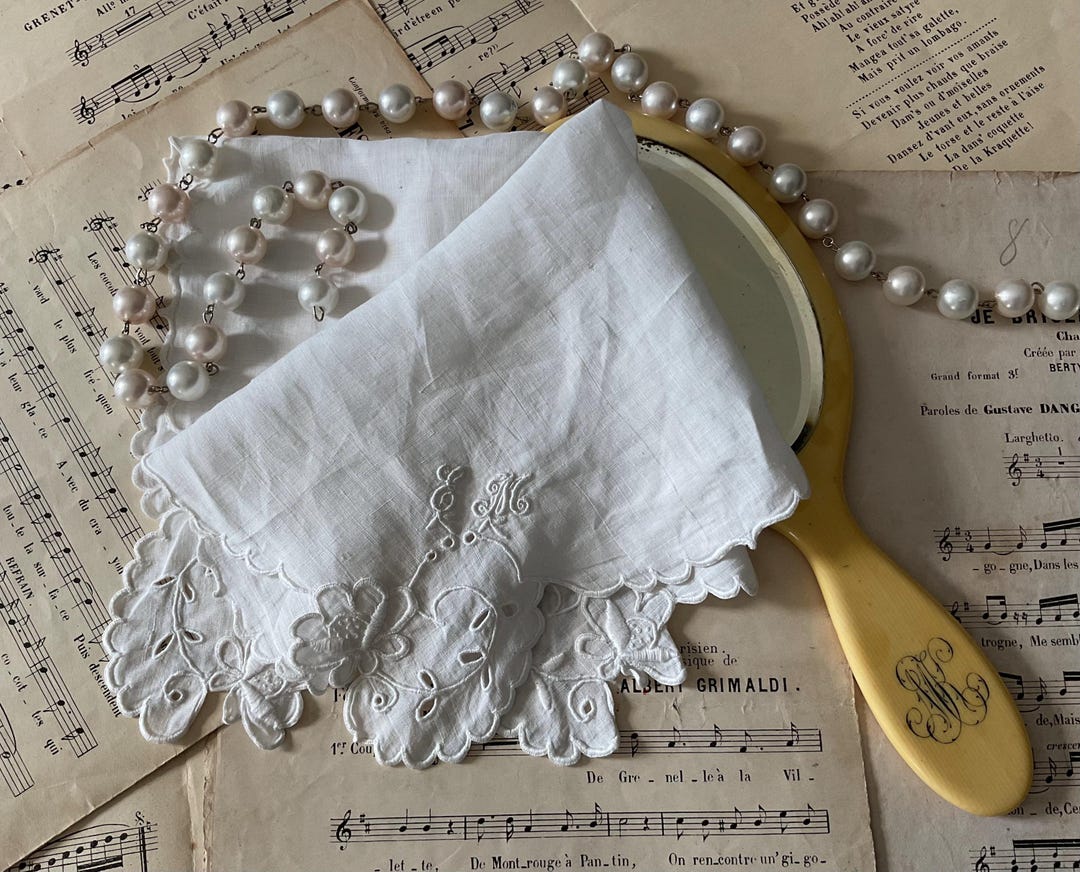 EM Monogrammed Hand Made Vintage French bridal Hand Kerchief, Cutwork ...