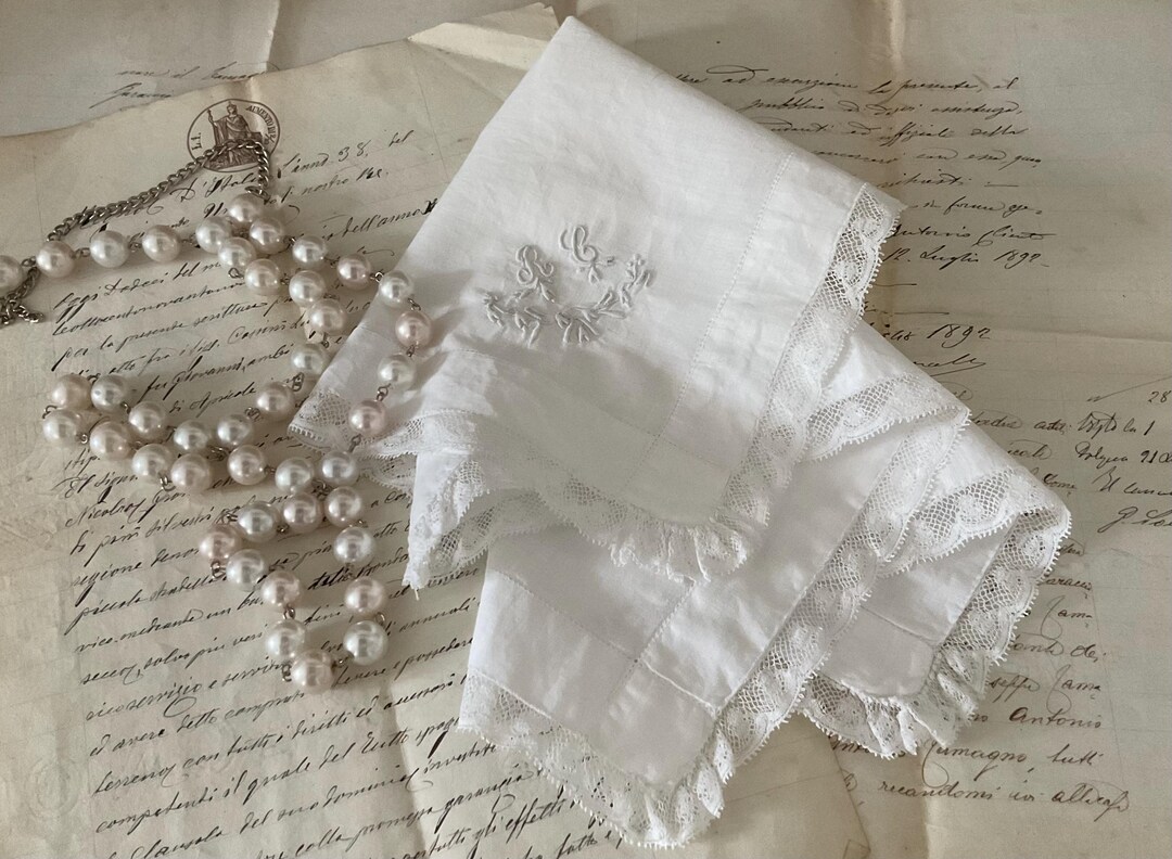 RC Monogrammed Vintage (bridal) Hand Kerchief, Hand Embroidered, Lace ...