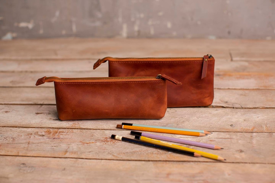Handcrafted Vintage Leather Pencil Case - Top-grain Zipper Pen Pouch in ...