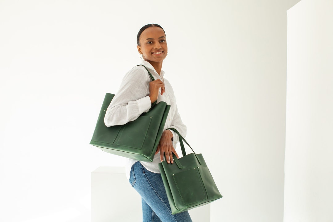 Green Leather Tote Bag: Top Handle Work Bag With Pockets - Etsy