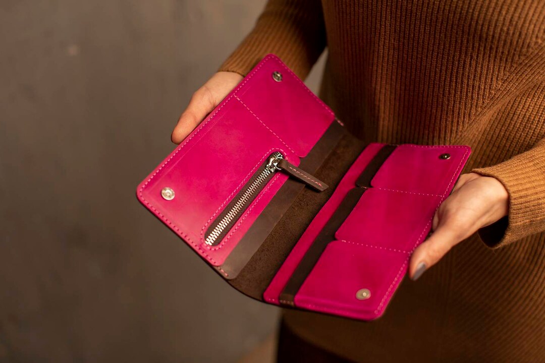 Brown Bifold Wallet, Leather Wallet Women, Two Color Wallet, Pink Long ...