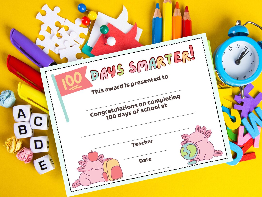 100th Day of School Award Certificate Template for Kids, Axolotl ...