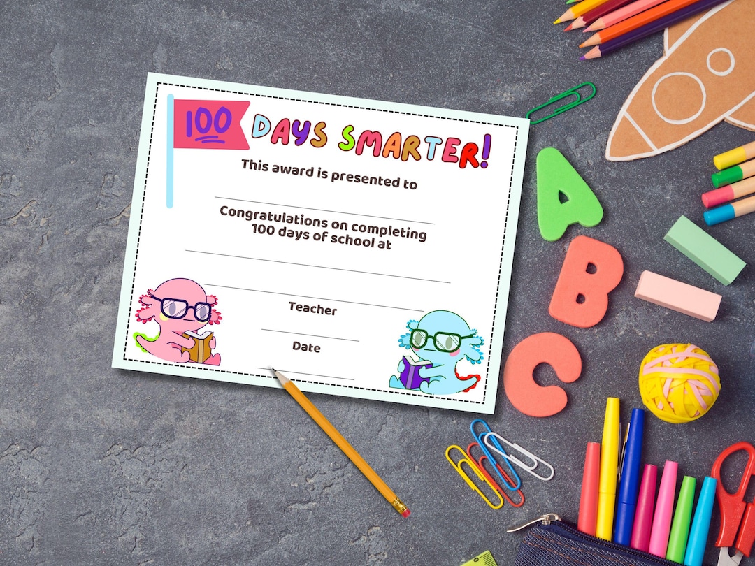 100th Day of School Award Certificate Template for Kids, Axolotl ...