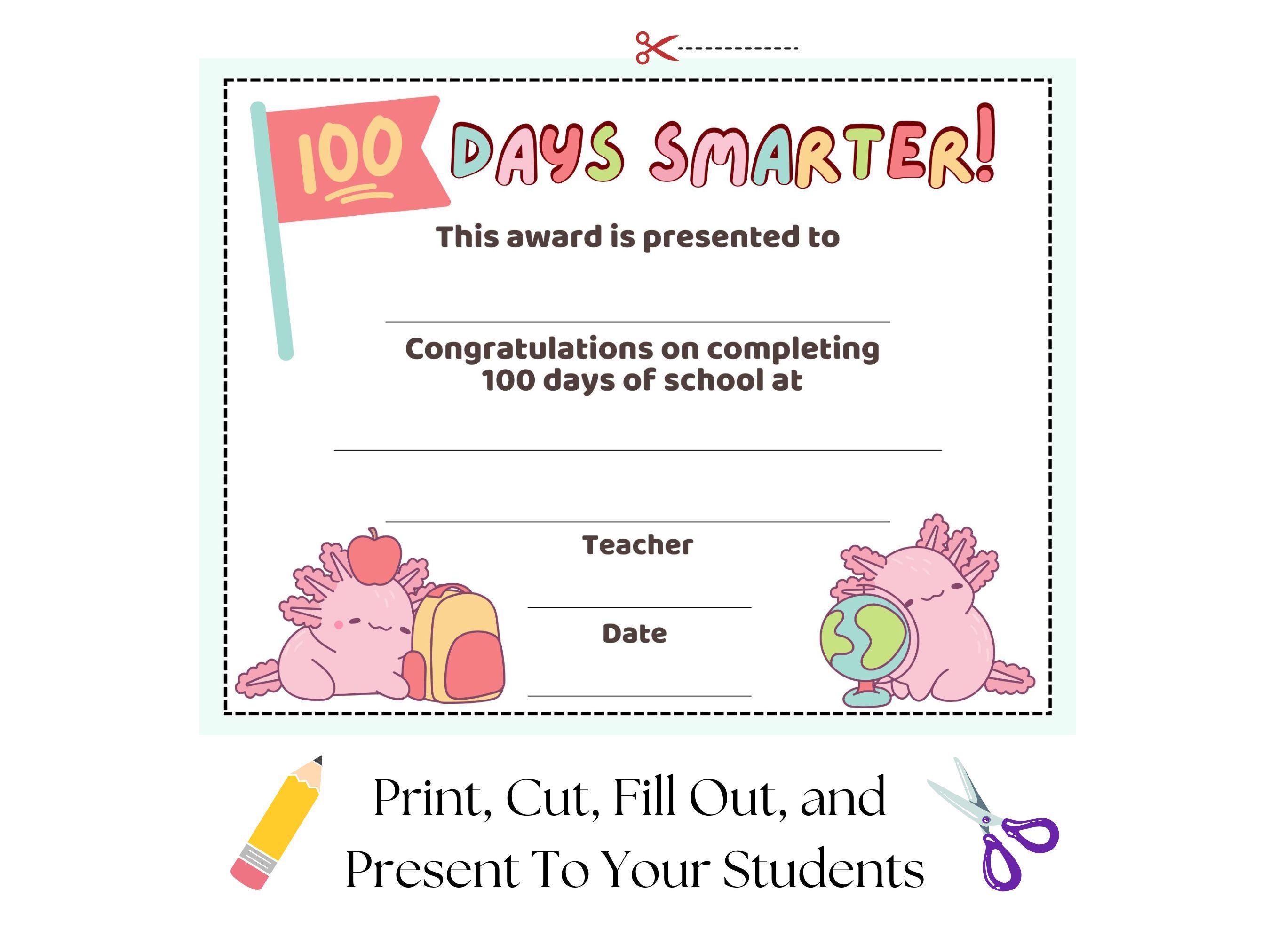 100th Day of School Award Certificate Template for Kids, Axolotl ...