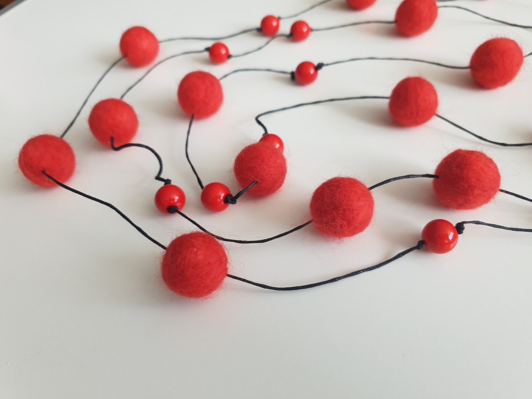Beautiful Red Bead Necklace, Felt Balls Necklace, Attractive Every ...