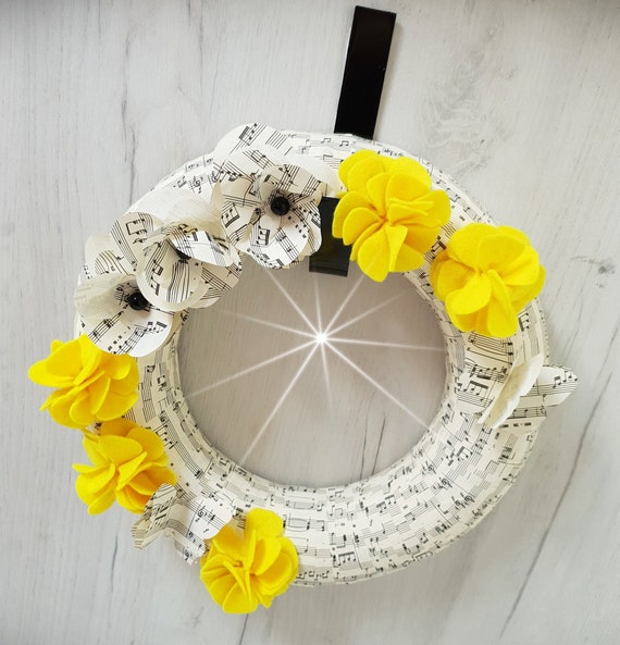 Unusual and Stylish Music Note Print Wreath with Bright Floral | Etsy