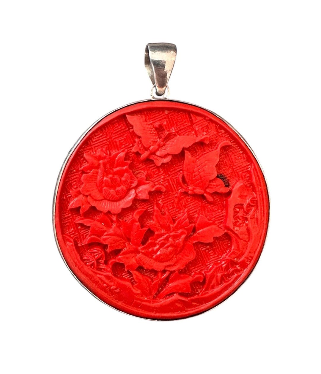 Vintage Sterling Silver Carved Cinnabar Pendant – Floral & Bird Design ...