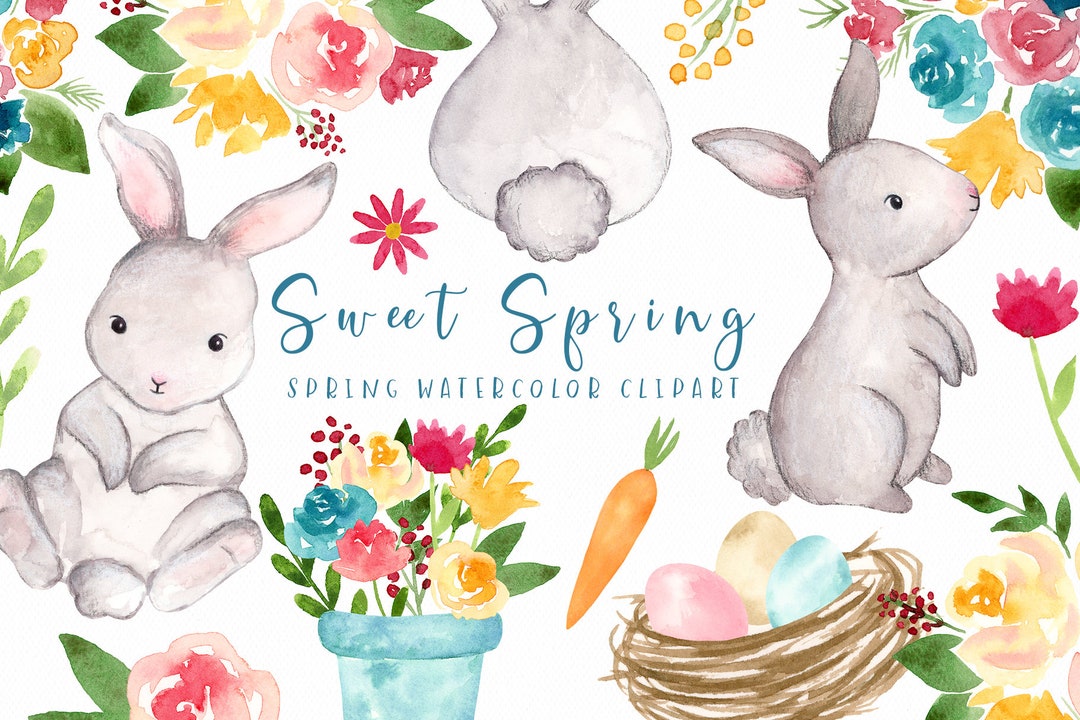 Watercolor Garden Clipart, Easter Bunny Rabbit Clip Art Set, Floral ...