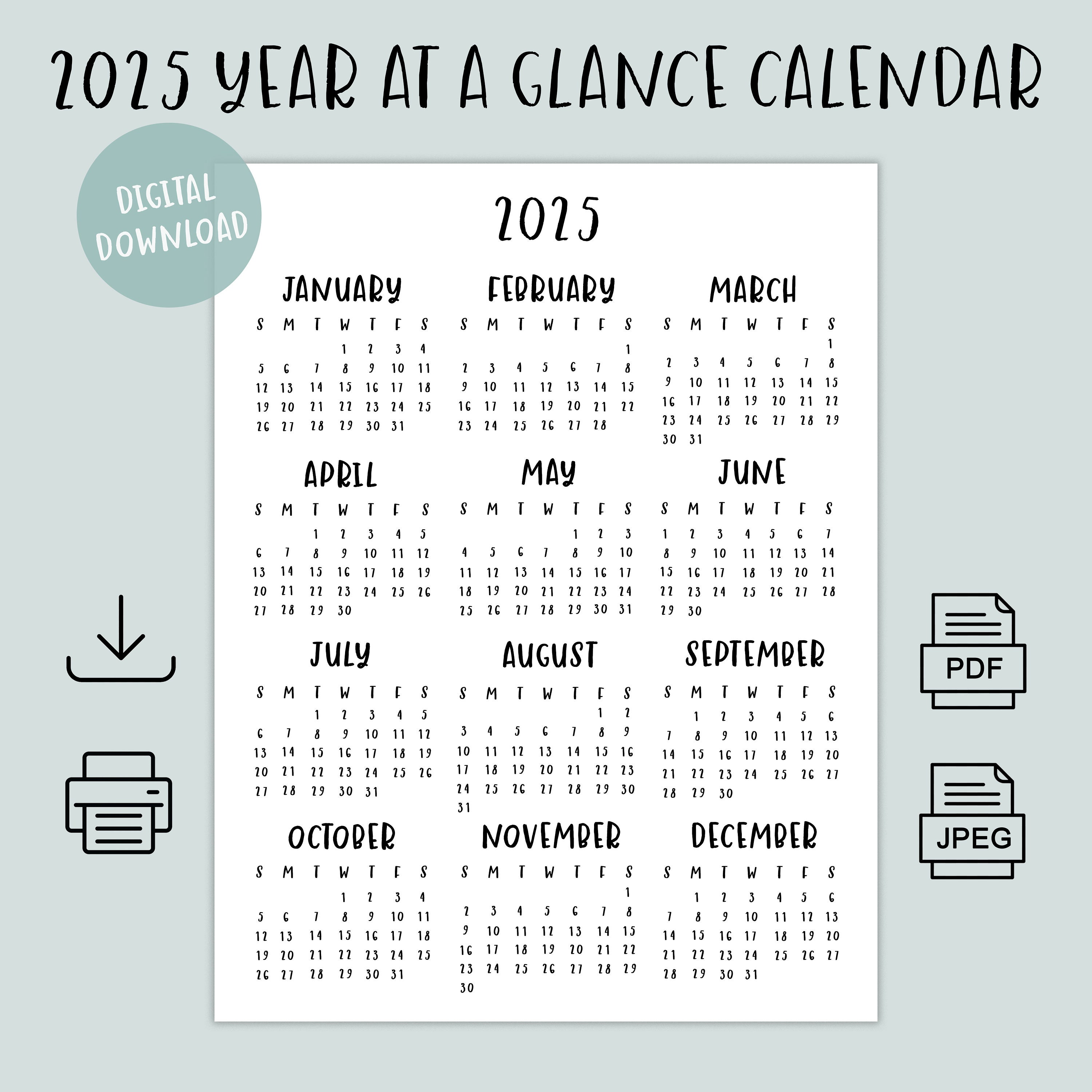 2025 Year at a Glance Calendar, Single Page PDF Calendar Download, 2025 ...