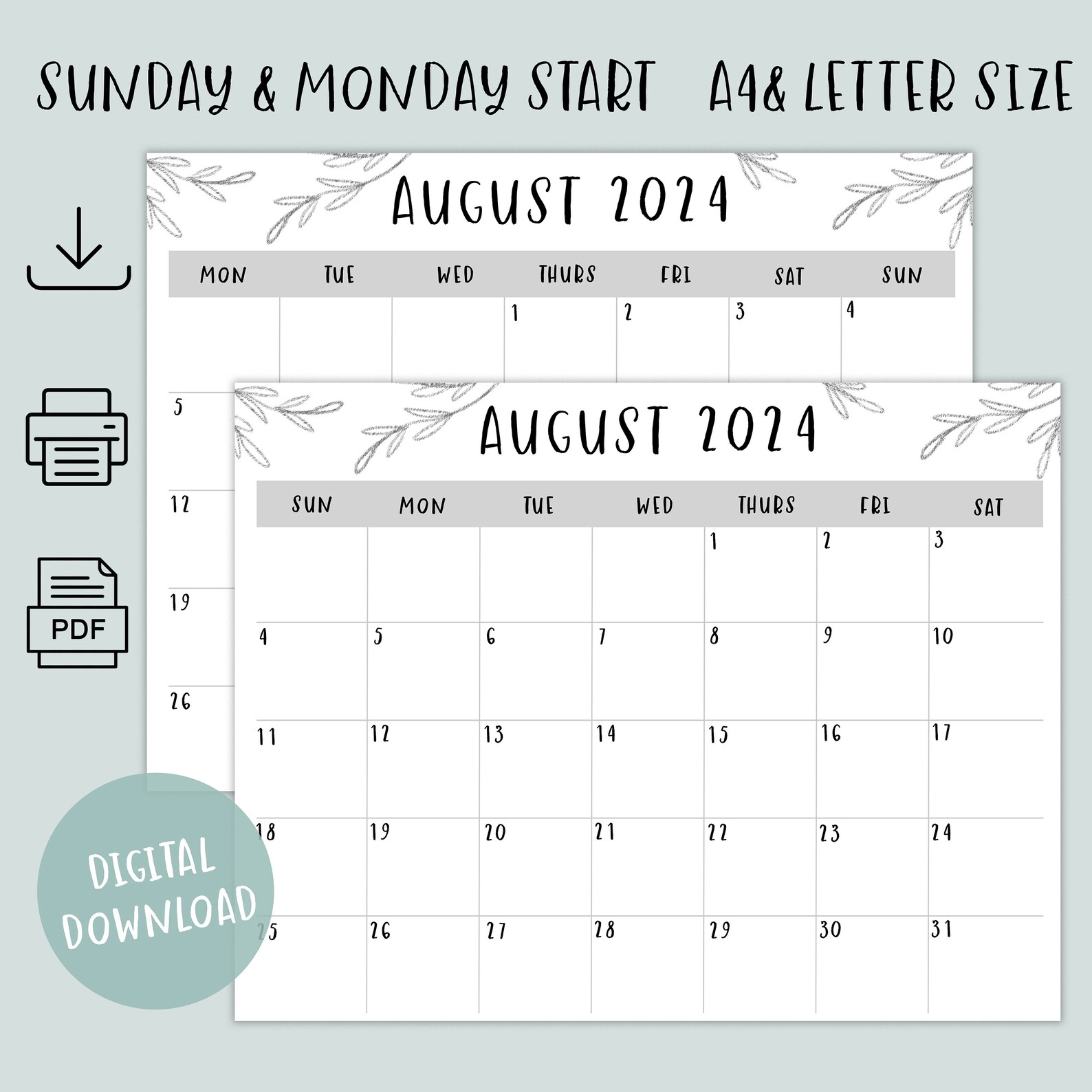 August 2024 Calendar Printable, Digital Download Printable Calendar ...