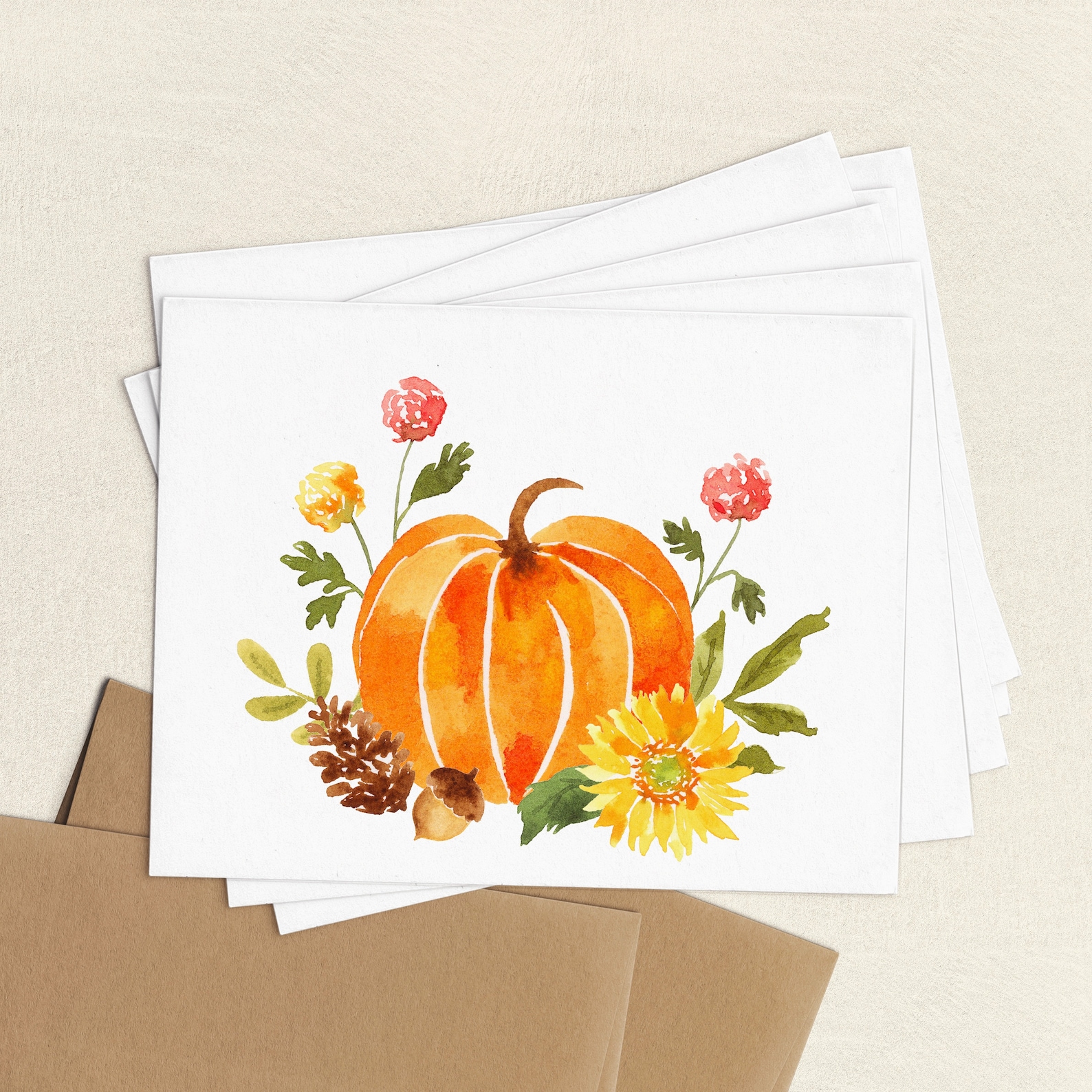Pumpkin Greeting Cards, Watercolor Pumpkins Note Card Set, Autumn Cards ...