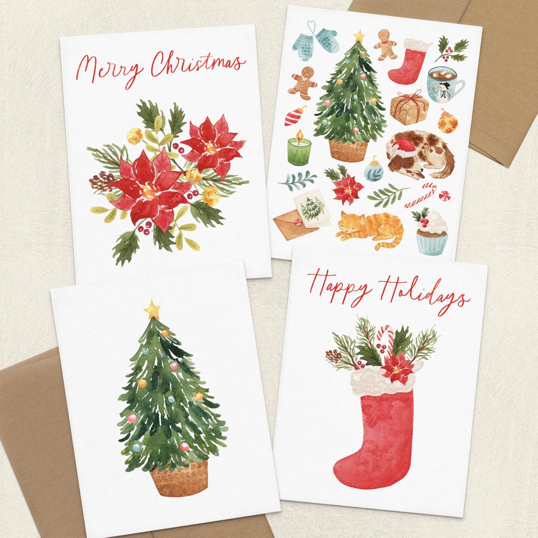 Holiday Cards Set, Christmas Greeting Cards With Envelopes, Watercolor ...