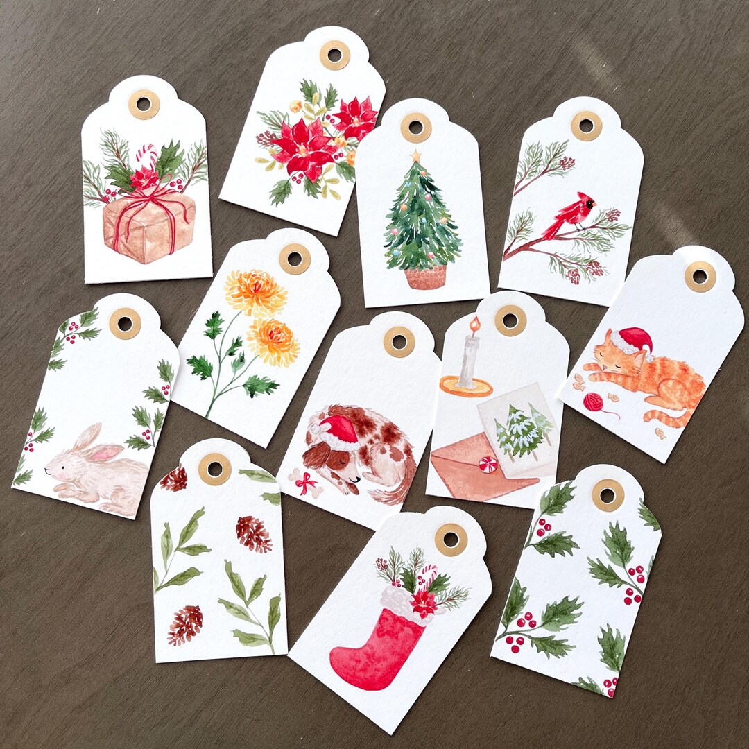 Christmas Gift Tags Set of 12, Watercolor Holiday Gift Tags, Handmade ...