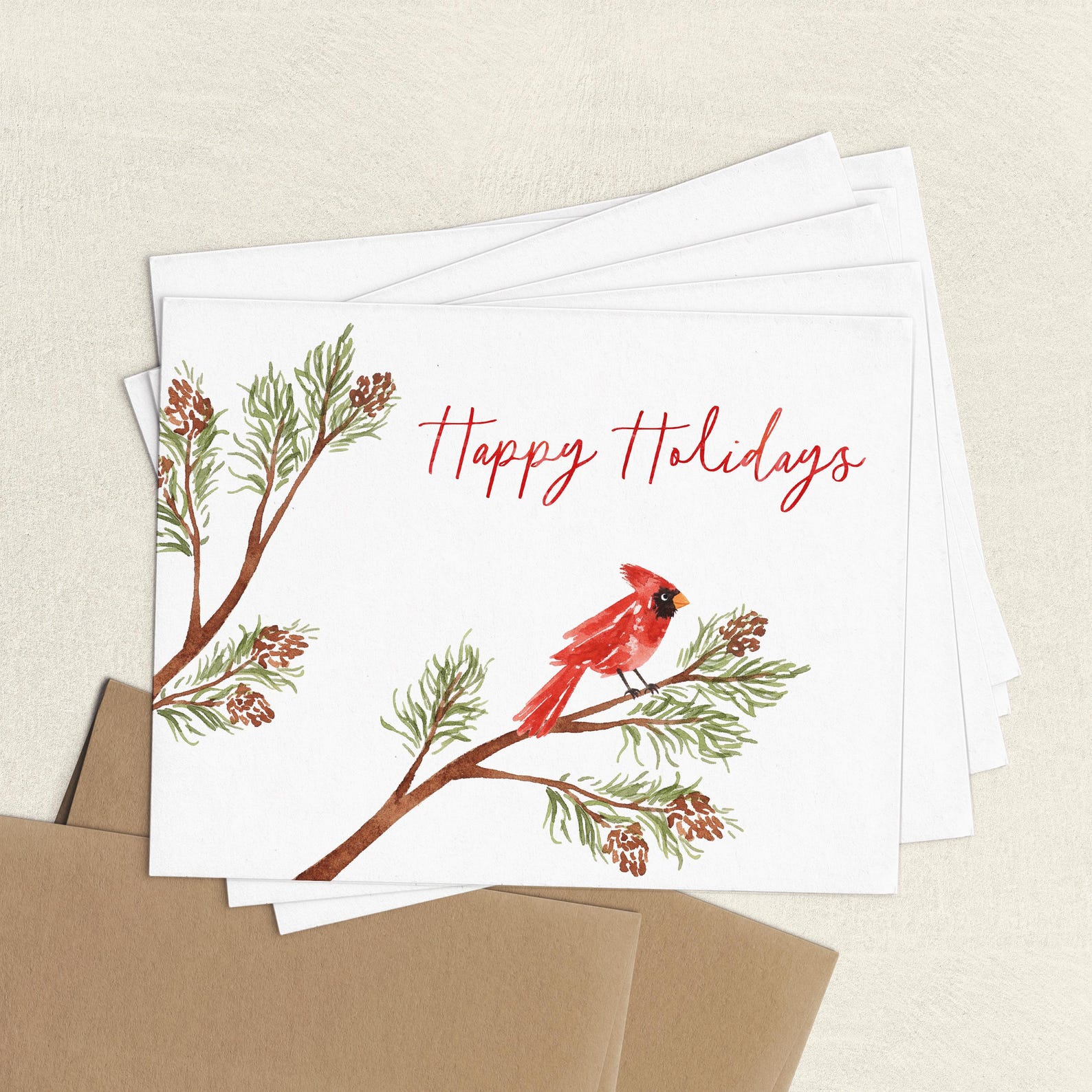 Cardinal Holiday Cards, Happy Holidays Greeting Card, Watercolor ...
