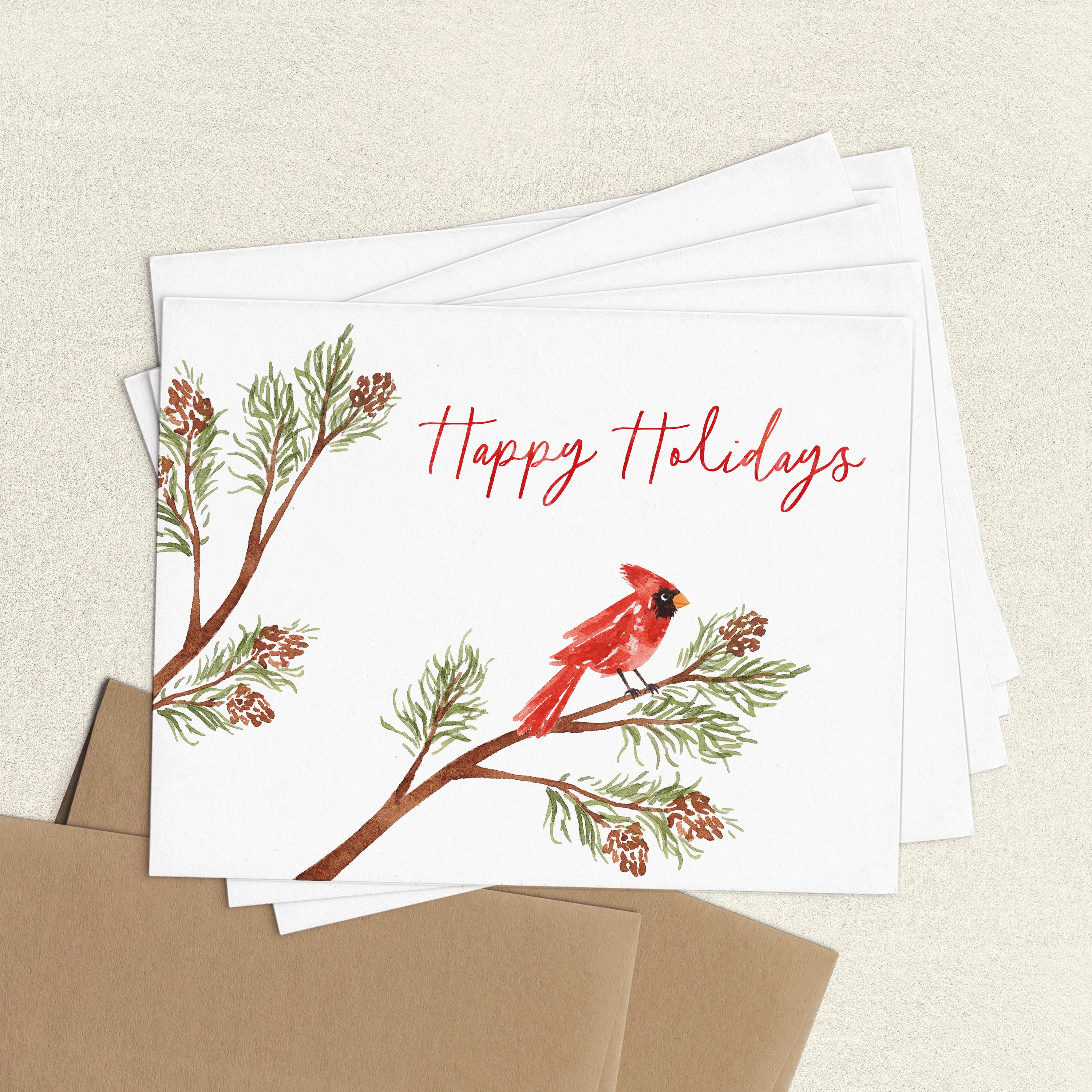 Cardinal Holiday Cards, Happy Holidays Greeting Card, Watercolor ...
