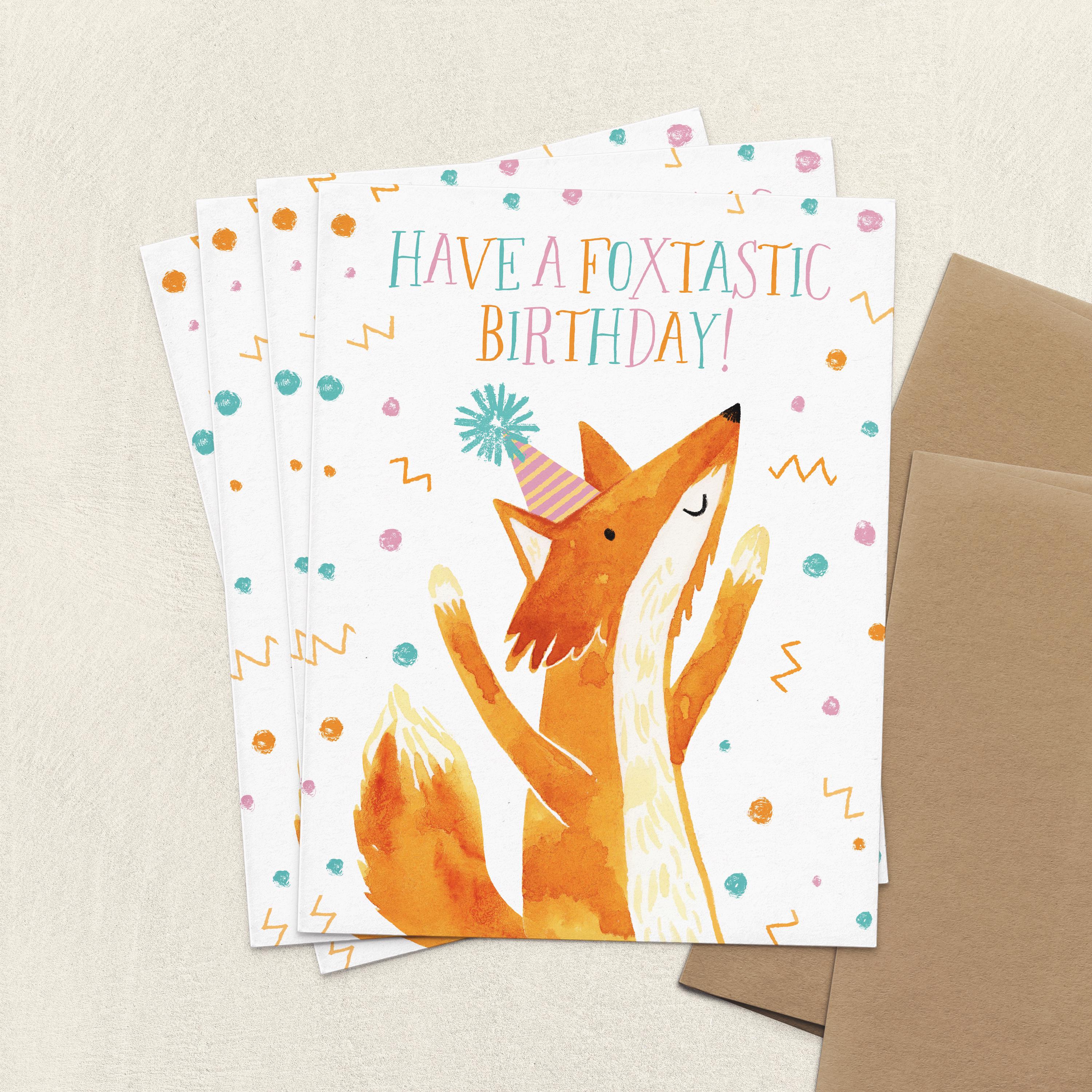 Fox Birthday Card, Watercolor Fox Illustrated Kid's Birthday Cards ...