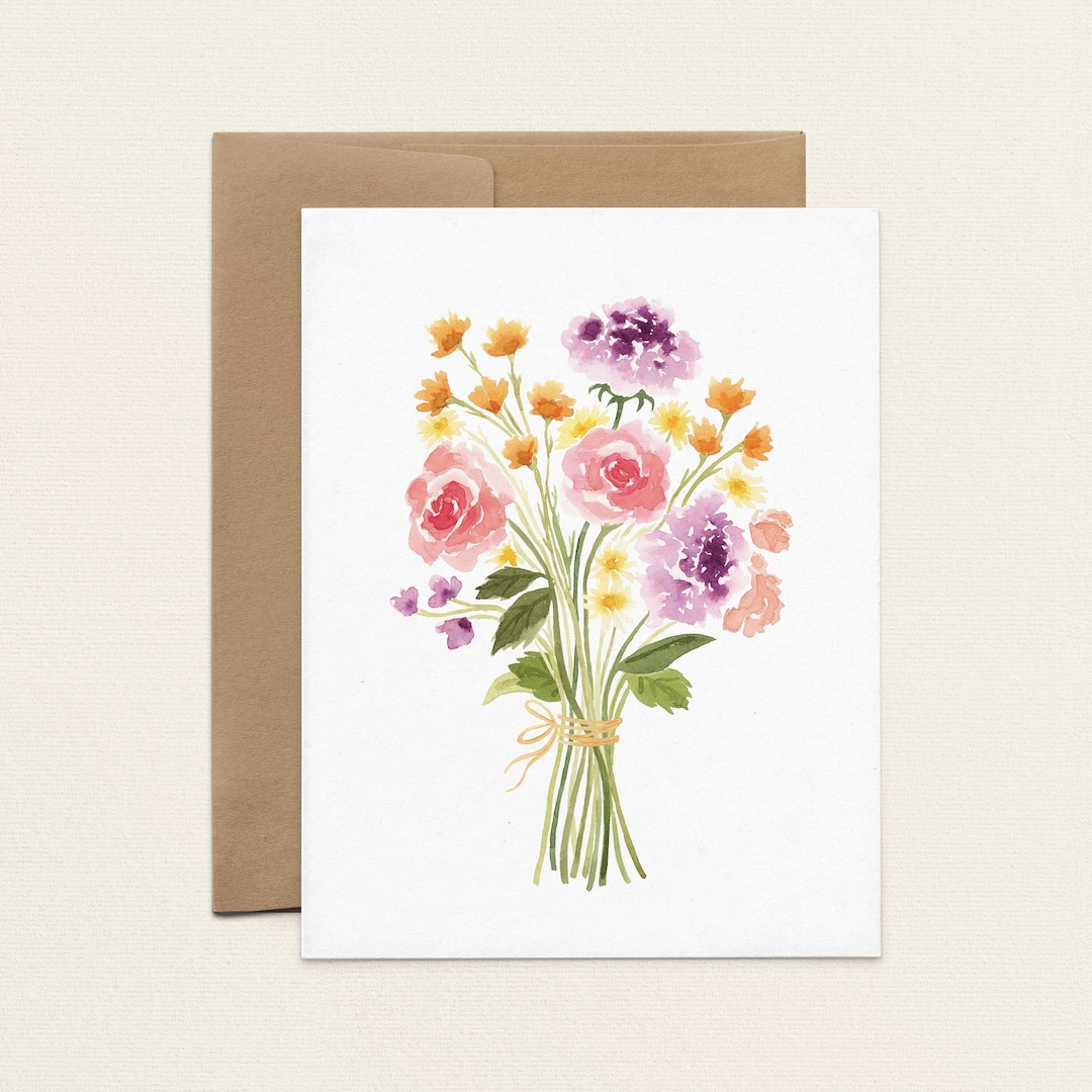 Watercolor Floral Note Card, Flower Bouquet Card Set for Anniversary, I ...