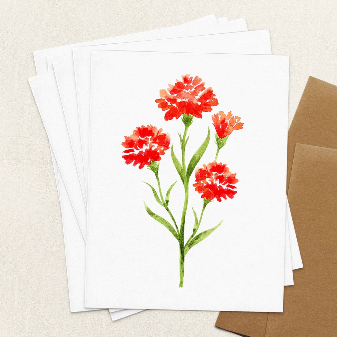 Carnation Note Cards Set, Watercolor Red Flower January Birth Month ...