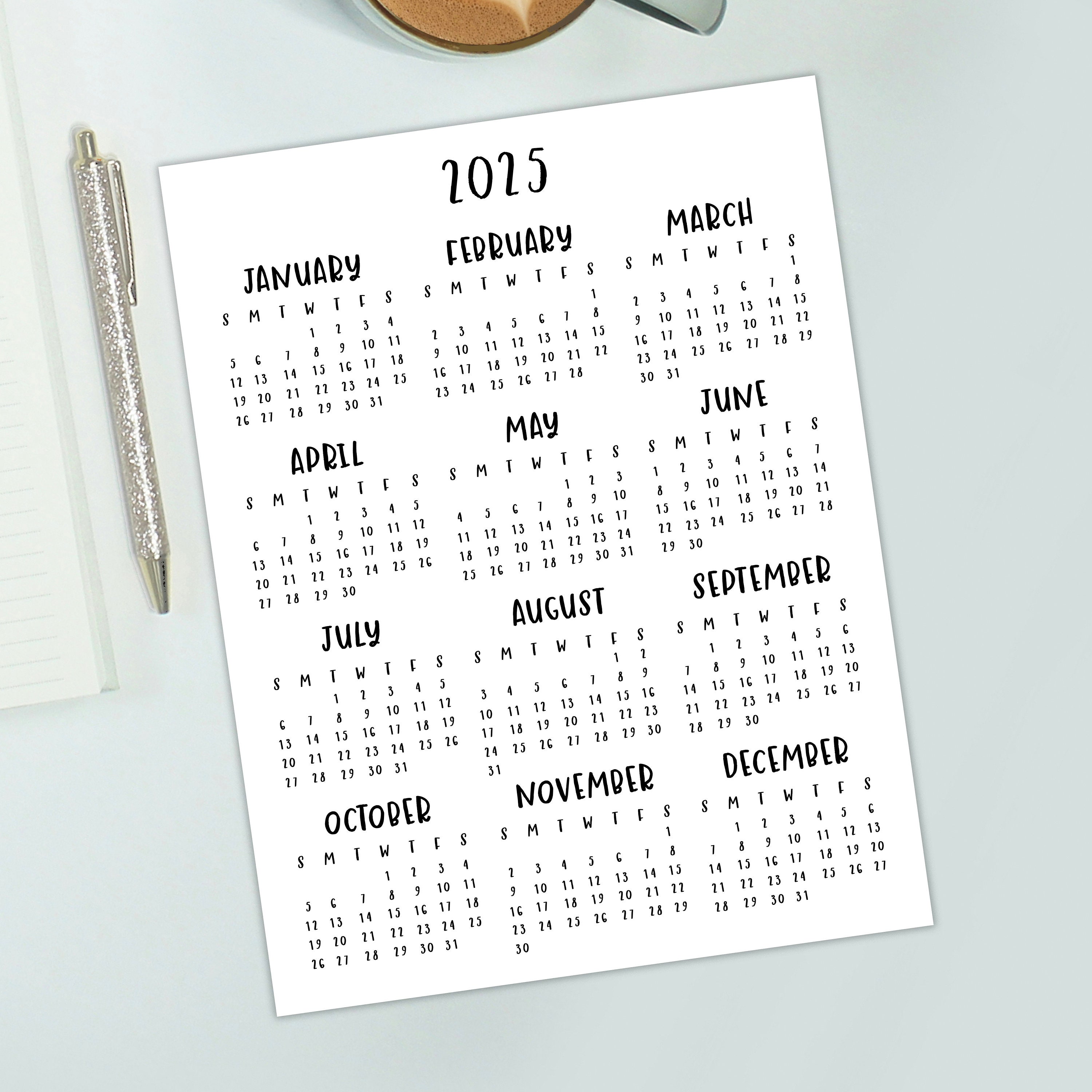 2025 Year at a Glance Calendar, Single Page PDF Calendar Download, 2025 ...