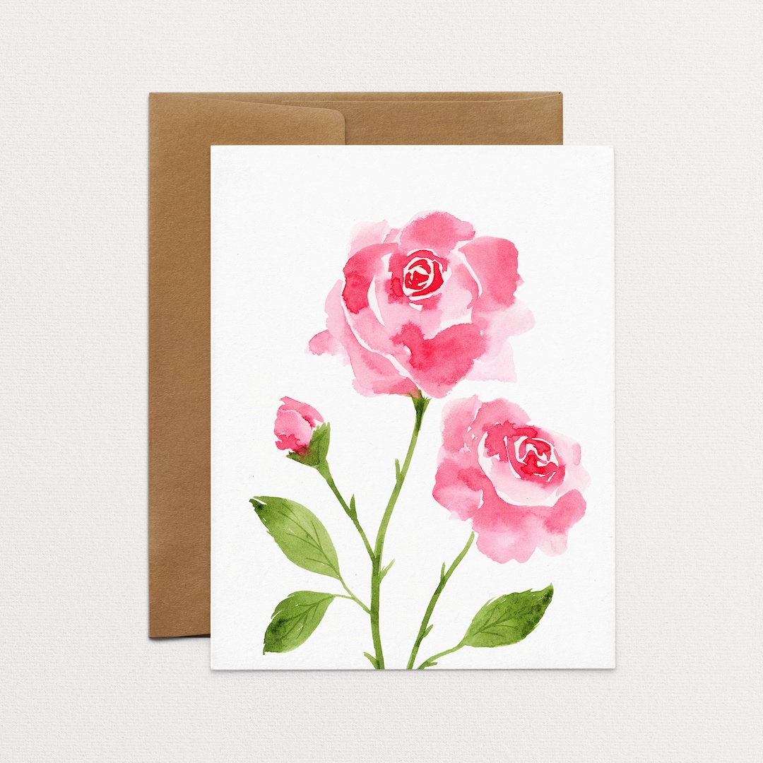Rose Card Set, Watercolor Pink Rose, Flowers Greeting Cards, Folded A2 ...