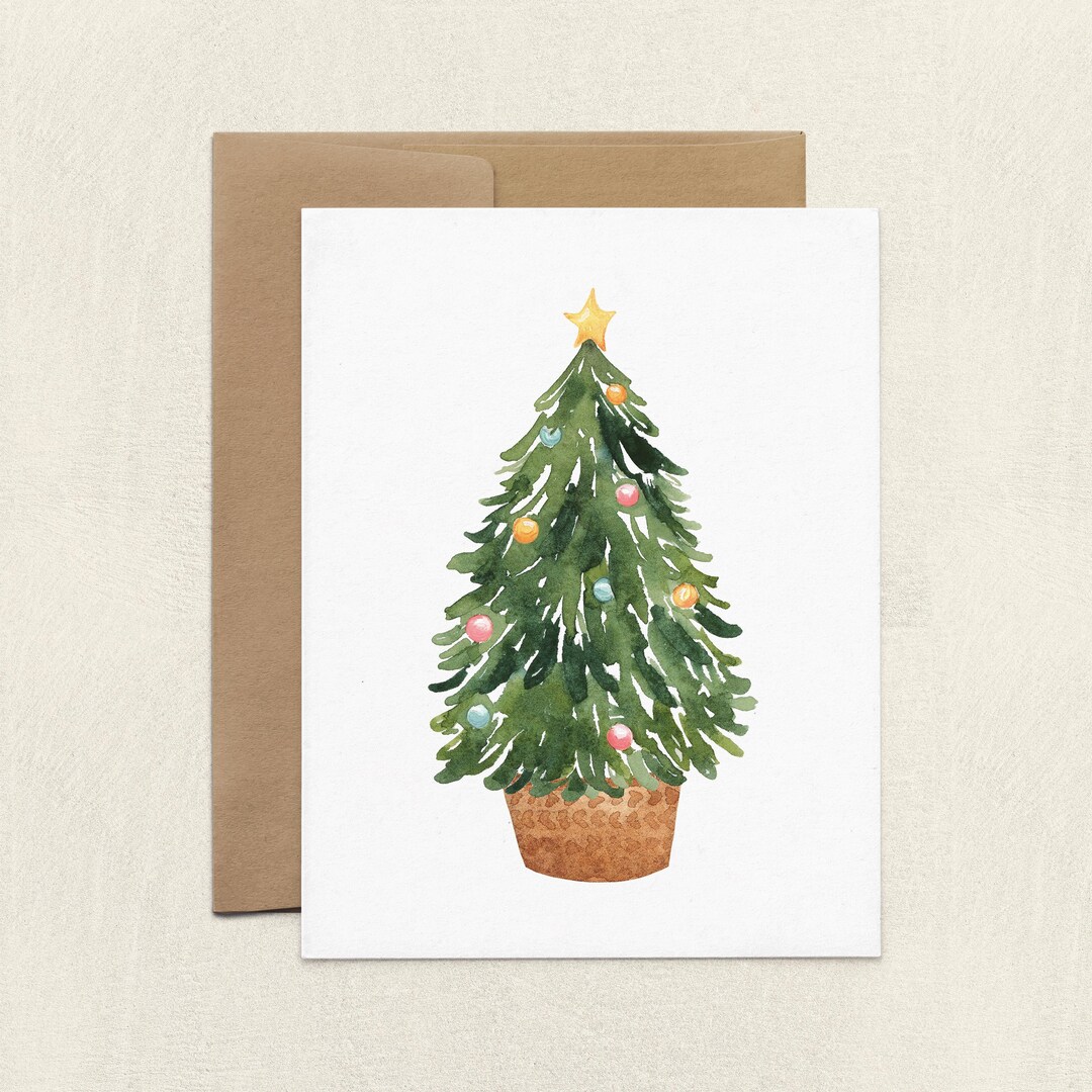 Christmas Tree Card, Watercolor Pine Tree Greeting Card Set, Holiday ...