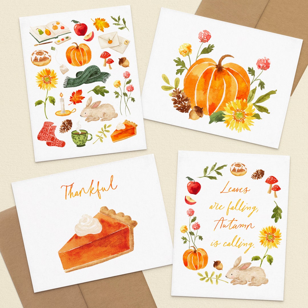 Fall Note Card Set, Watercolor Autumn Greeting Cards, A2 Folded Blank ...