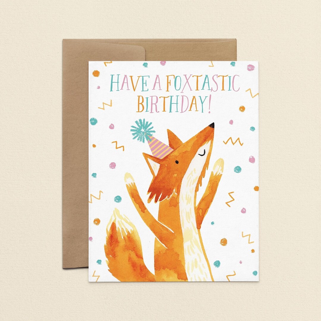 Fox Birthday Card, Watercolor Fox Illustrated Kid's Birthday Cards ...