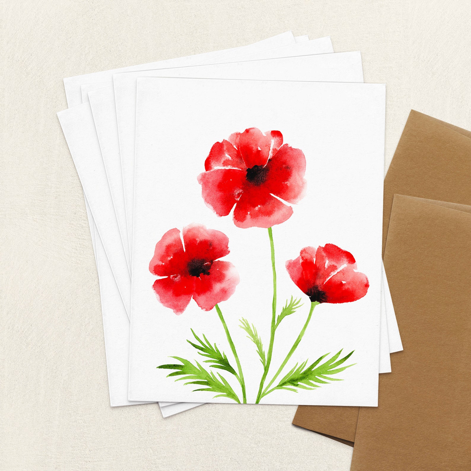 Poppy Card Set, Red Poppies Note Cards Watercolor Florals Greeting Card ...