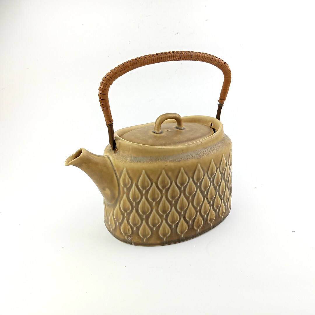 Vintage Danish Narrow Beige Ceramic Teapot With Wicker Handle by Jens H ...