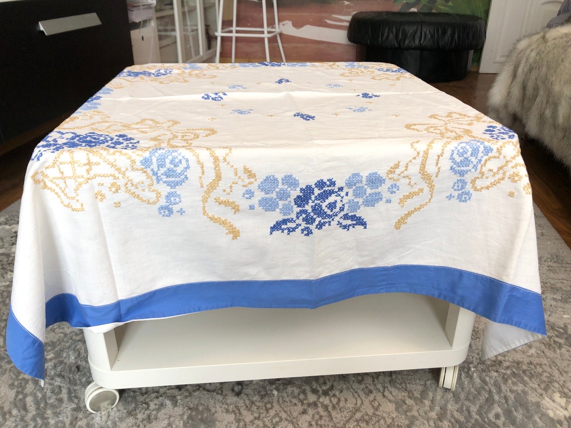 Blue Border White Tablecloth - Etsy