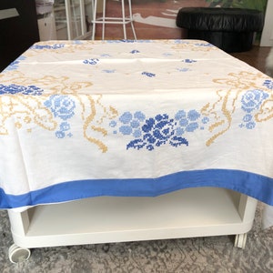 Blue Border White Tablecloth - Etsy