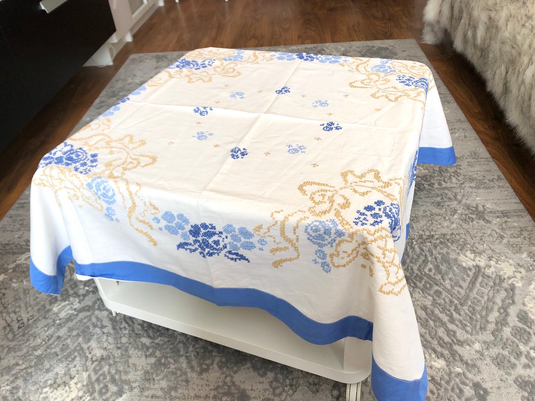 Blue Border White Tablecloth - Etsy