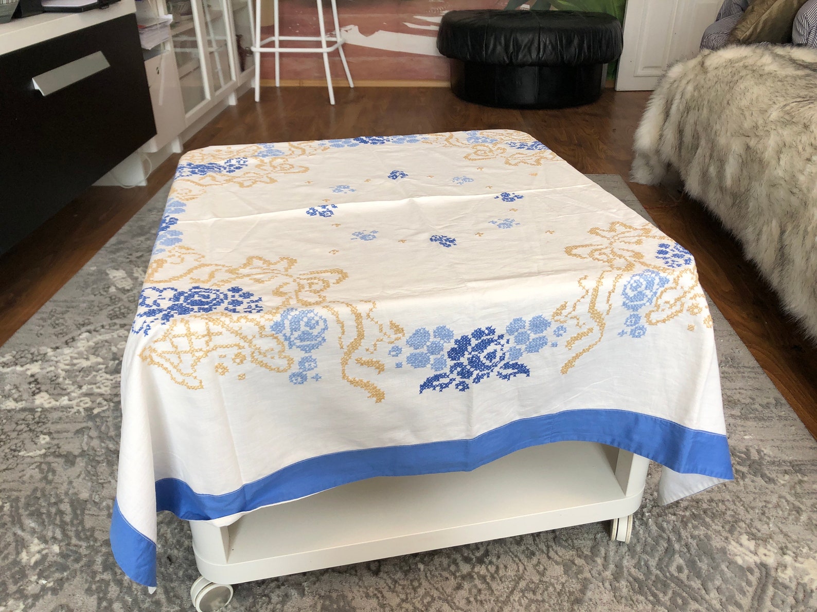 Blue Border White Tablecloth | Etsy