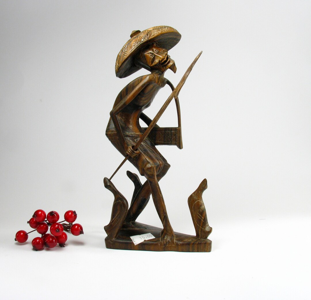 Vintage Statuette of an Old Man. Made of Wood. A Lot of Small Details ...