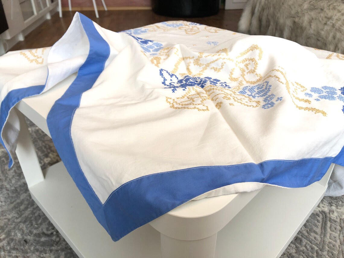 Blue Border White Tablecloth | Etsy