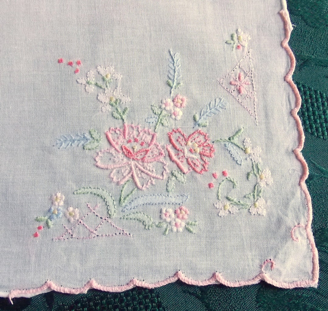 COLLECTION HANDKERCHIEF Hand Embroidered on Fine Pink Cambric and Wild ...