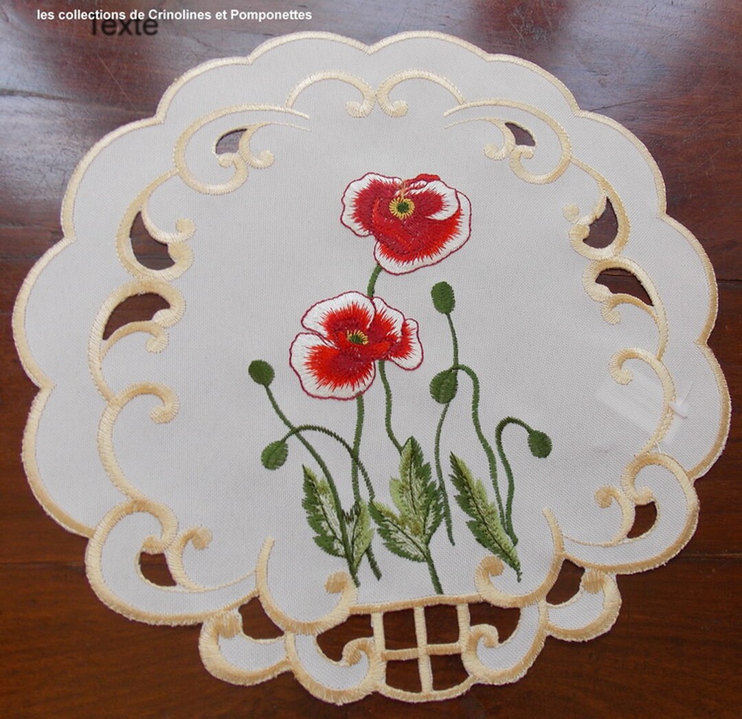 EMBROIDERED PLACEMAT 2 POPPIES on Ecru Round Polylinen of 30 - Etsy