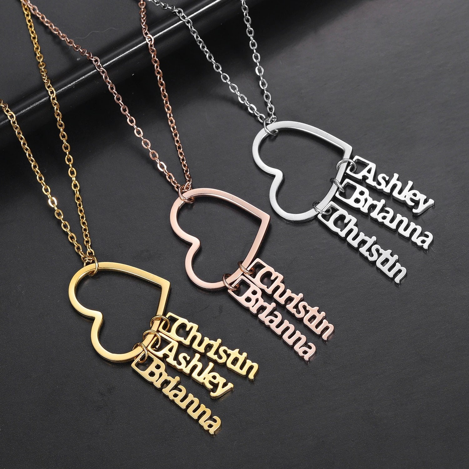 Dangle Heart Names Necklace: Custom Stainless Steel Personalized ...
