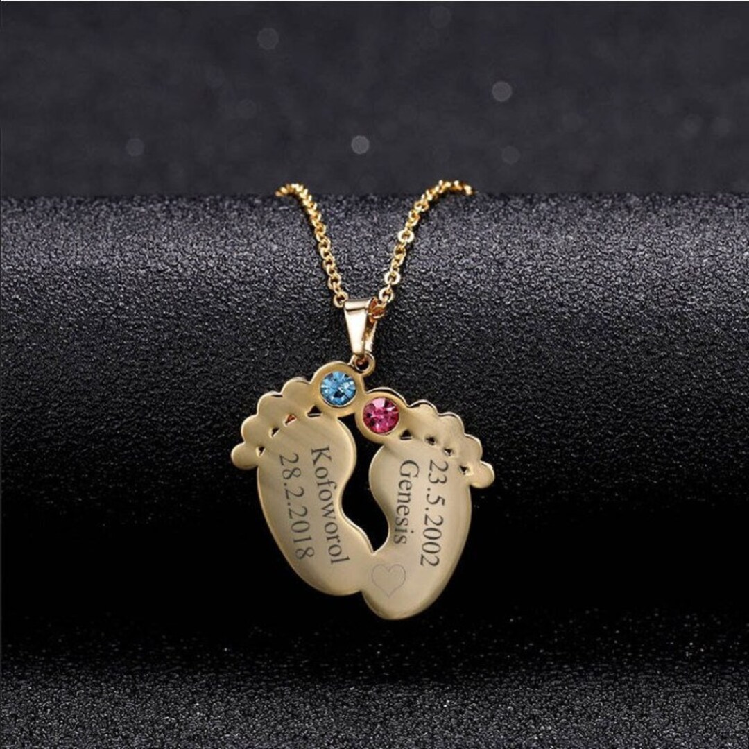 Engraved Baby Feet Birthstone Necklace: Personalized Name Pendant, Gift ...