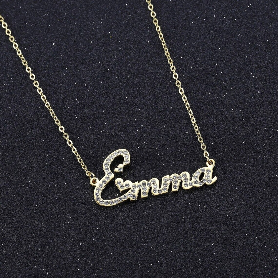 Crystal Heart Name Necklace: Personalized Cursive Font Stainless Steel ...