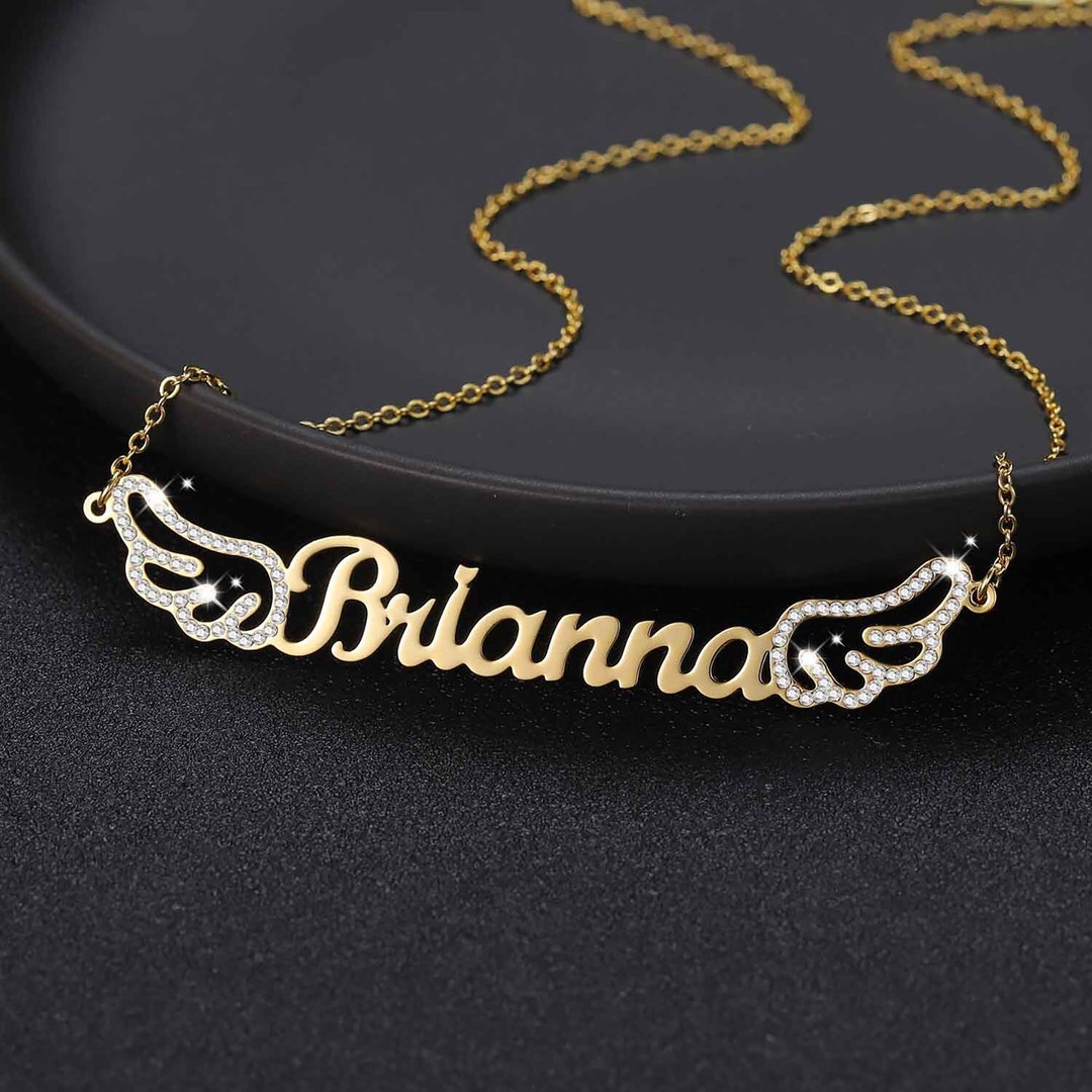 Crystal Angel Wings Name Necklace: Personalized Stainless Steel Pendant ...