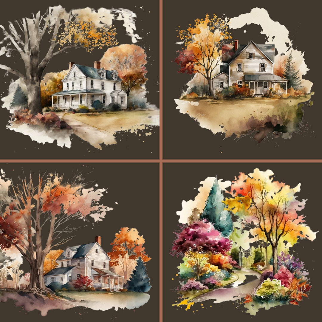 Whimsical Watercolor Autumn Scenes Pngs / Little Boy and Girl Playful ...