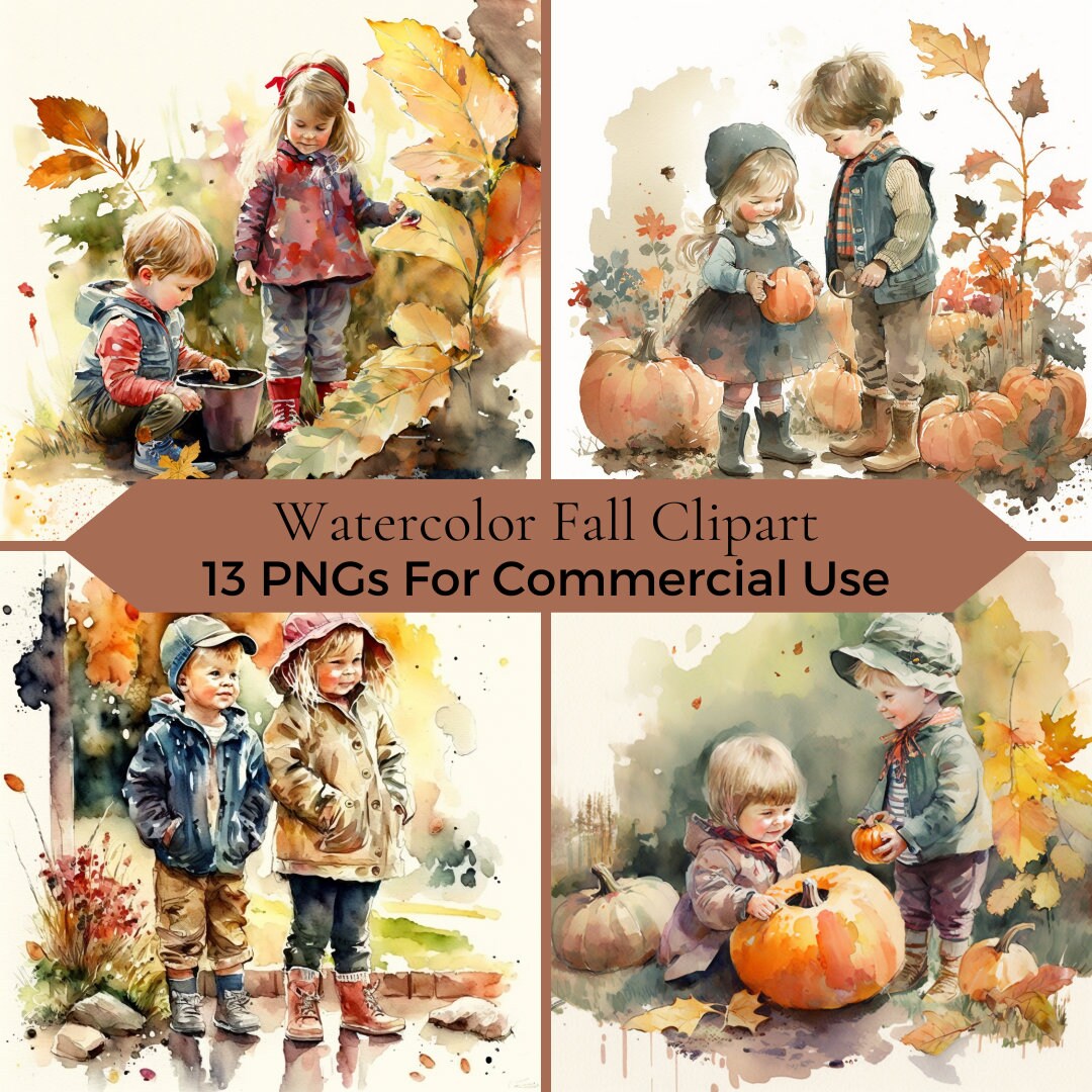 Whimsical Watercolor Autumn Scenes Pngs / Little Boy and Girl Playful ...