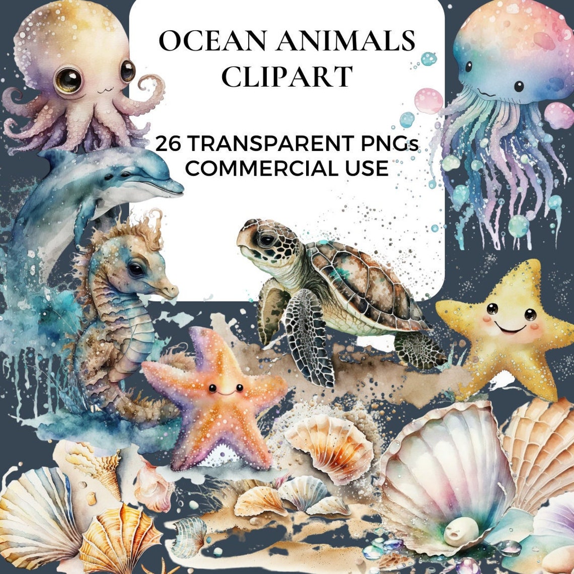 26 Cute Under the Sea Animals Watercolor Clip Art Bundle, Sea Animals ...