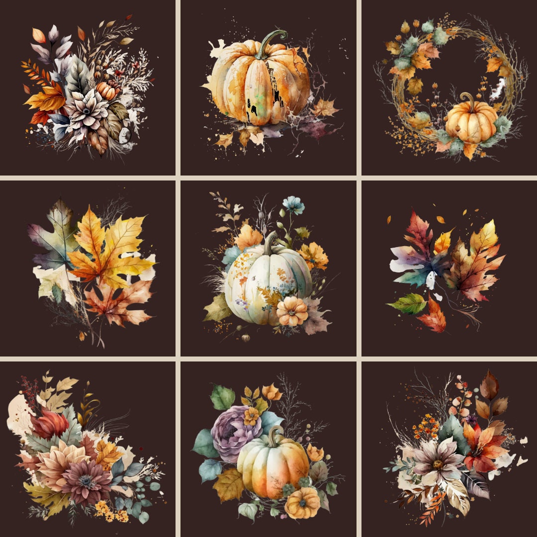 Watercolor Pumpkin Clipart Bundle, Floral Pumpkin Graphics ...