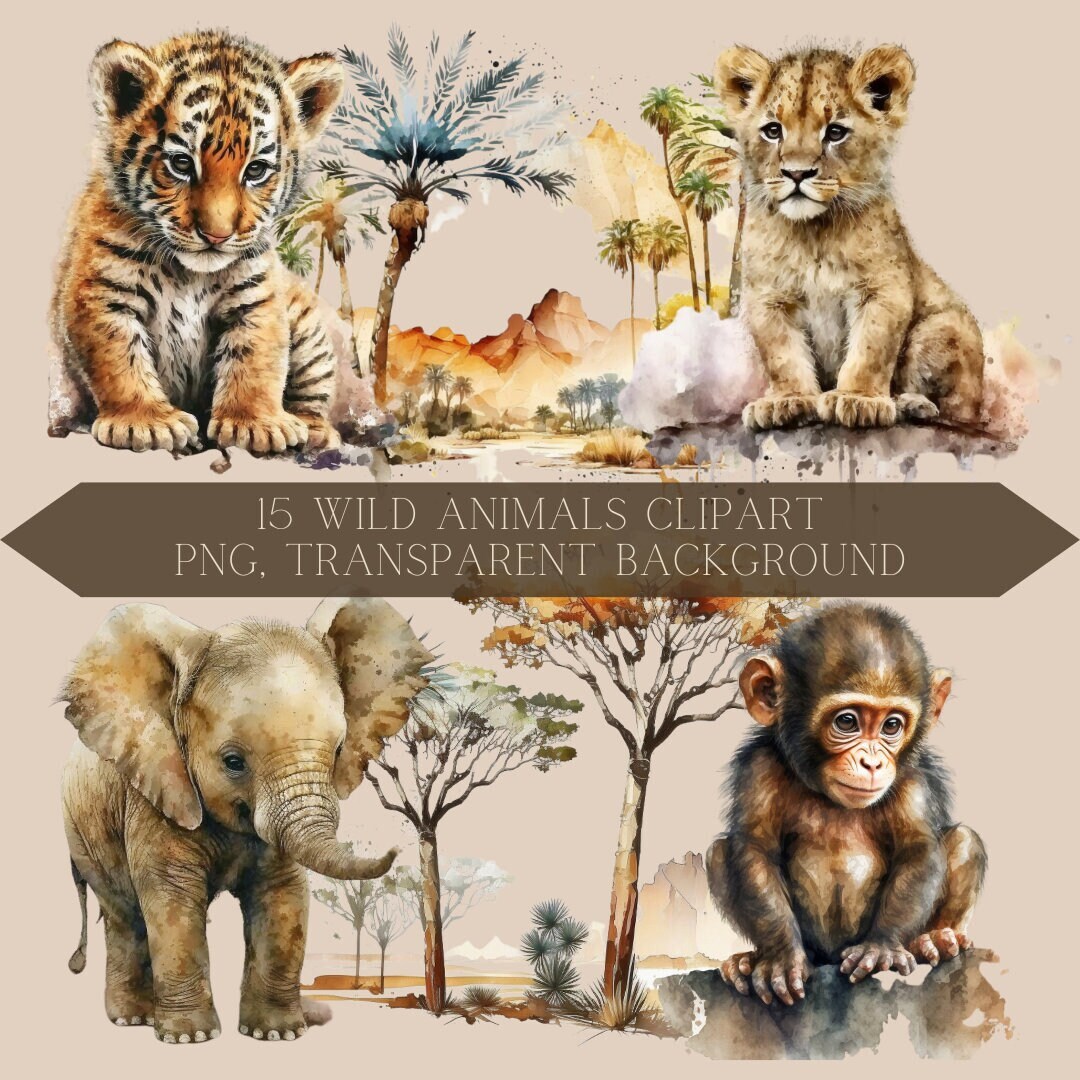 Safari Wild Animals Clipart Watercolor, Clipart for Commercial Use ...