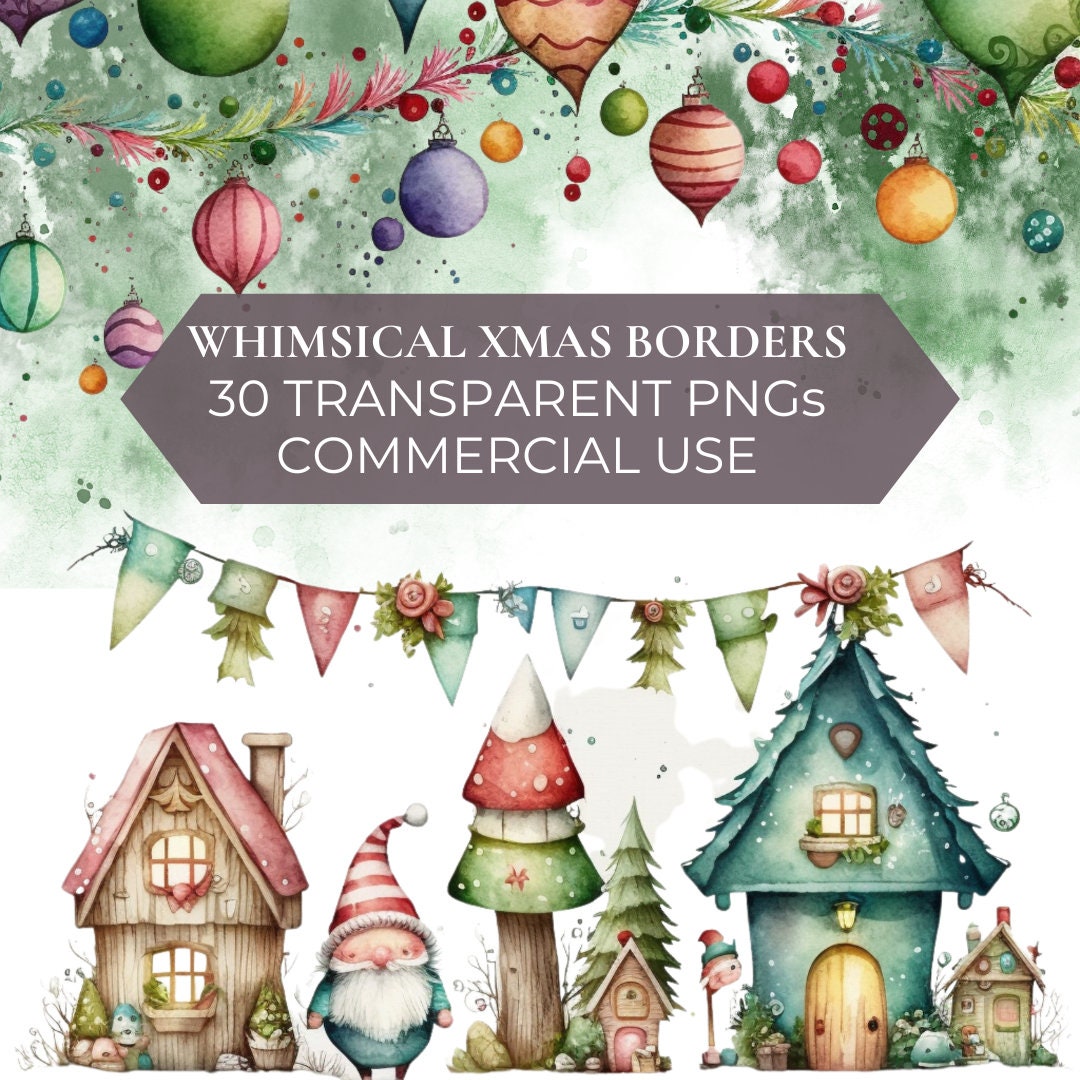 Whimsical Watercolor Christmas Borders Clipart / Tiny Houses and Xmas ...