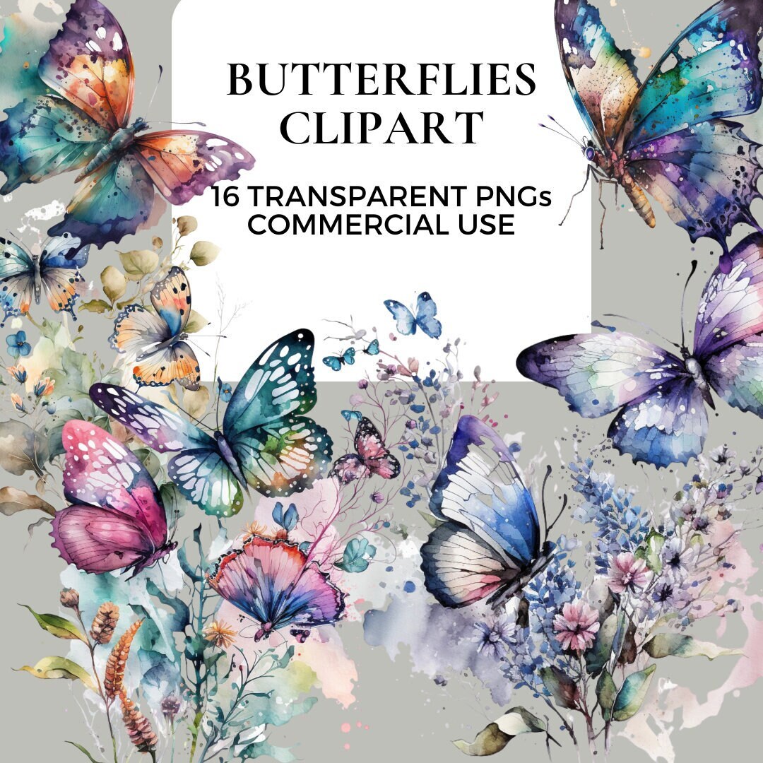 Watercolor Butterflies Clipart With Watercolor Flowers PNG, Digital ...